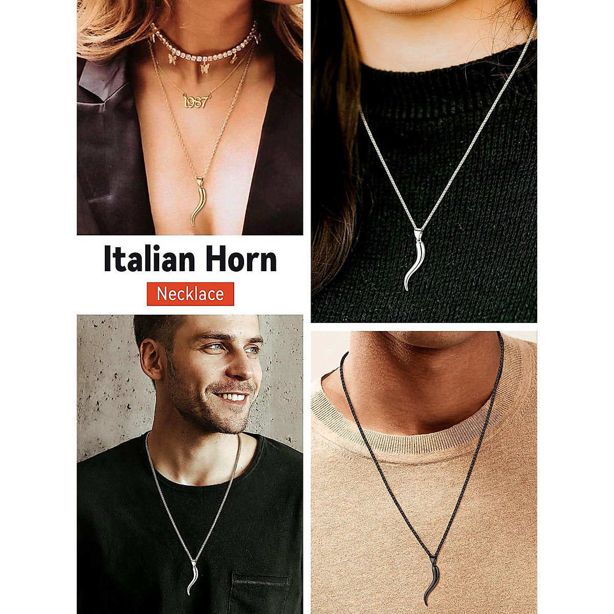 FaithHeart Italian Horn Pendant Necklace for Women Men Sturdy Stainless Steel Cornicello Necklace Protection Necklace Chains with Pendant Italian Charm Talisman with Gift Box