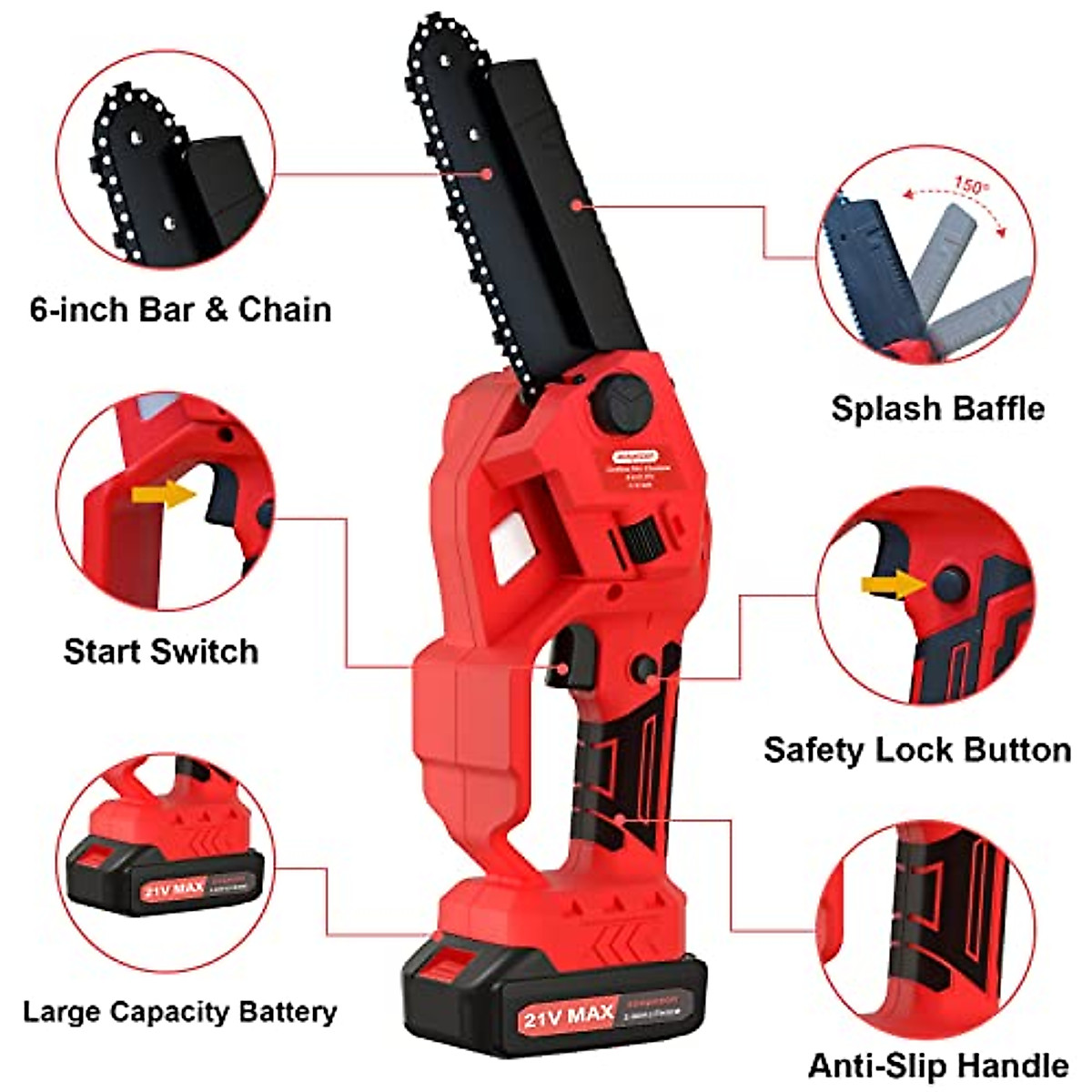 Mini Chainsaw Cordless 6-Inch With 2 Battery, Brushless Motor, 21V Rechargeable Battery, Power Chainsaw With Safety Lock, Handheld Mini Chainsaw, For Tree Trimming Wood Cutting