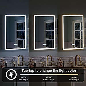 WELLFOR 30 X 28 Inch LED Lighted Bathroom Medicine Cabinet with Mirror, Bathroom Vanity Mirror Cabinet with Dimmable Lights and Defogger, 3 Solid Wood Shelves, Ample Storage Space, Quiet Closing Door