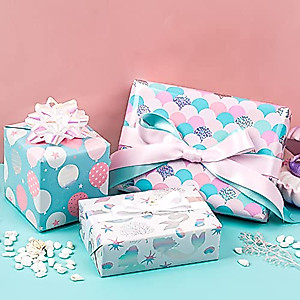 WRAPAHOLIC Wrapping Paper Roll - Mini Roll - 3 Rolls - 17 Inch X 120 Inch Per Roll - Mermaid Scale and Jellyfish Design with Colorful Foil for Birthday, Holiday, Baby Shower