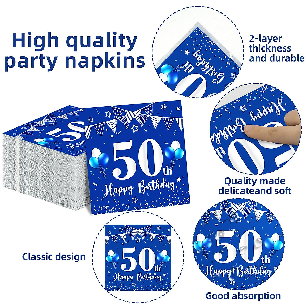 100 Pieces 50th Birthday Party Plates Napkins Blue and Silver Birthday Tableware Blue and Silver 50th Happy Birthday Dinnerware Dinner Dessert Plates Napkins for Blue Birthday Party Supplies Serve 25
