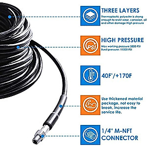100FT Sewer Jetter Kit for Pressure Washer, 5800PSI Drain Cleaner Hose 1/4 Inch NPT Corner, Rotating and Button Nose Sewer Jetting Drain Jetter Hose Nozzle Pearl Corsage Pin Spanners Waterproof Tape