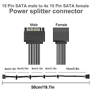 OHKIKOME SATA Power Splitter Cable 19.7 in (500 mm) - 15 Pin SATA 1 Male to 5 Female Power Splitter Adapter Cable Powers up to 5 HDD, SSD, Optical Drives (1, Black)