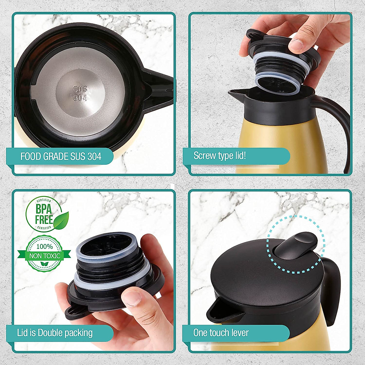 SINCE 1997 MR.CHEF 34Oz Thermal Coffee Carafe, Insulated Stainless Steel Coffee Carafes for Keeping Hot/Double Walled Vacuum Coffee Carafe (Gold, 1L)