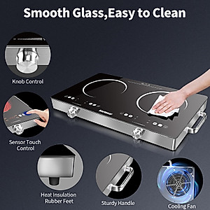 Karinear 2 Burner Electric Cooktop 110V, Portable Electric Stove with Handle, Knob Control Electric Hot Plate, Ceramic Infrared Countertop Burner, Timer, Safety Lock, 9 Power Level, 2000W, 24 inch