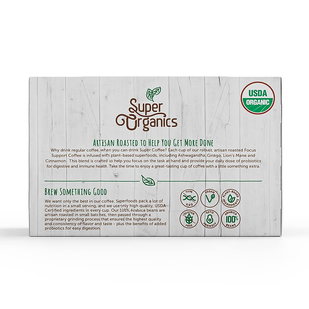 Super Organics Focus Support Coffee Brew Cups With Superfoods & Probiotics, Keurig K-Cup Compatible, Adaptogens, Medium Roast, USDA Certified, Vegan, Non-GMO, 10 count