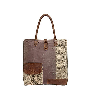 Myra Bags Floral Side Upcycled Canvas Tote Bag S-0733, Tan, Khaki, Brown, One_Size