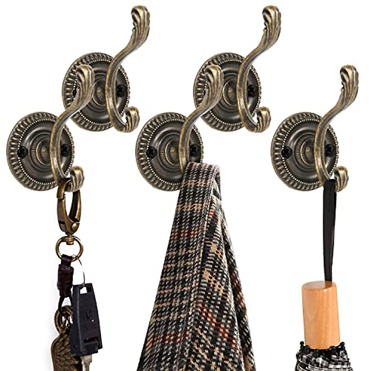 Ailibre 5 Pack Decorative Towel/Coat Wall Hooks, Wall Mounted Cast Wrought Iron Double Wall Hooks, Heavy Duty Hooks for Hanging Coats, Bath Robe, Bags, Hats, Key