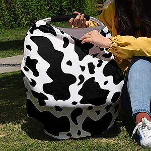 Animal Theme Baby Car Seat Covers, Nursing Cover Breastfeeding Scarf/Shawl, Infant Carseat Canopy, Stretchy Soft Breathable Multi-use Cover Ups, Black and White Cows Brindle