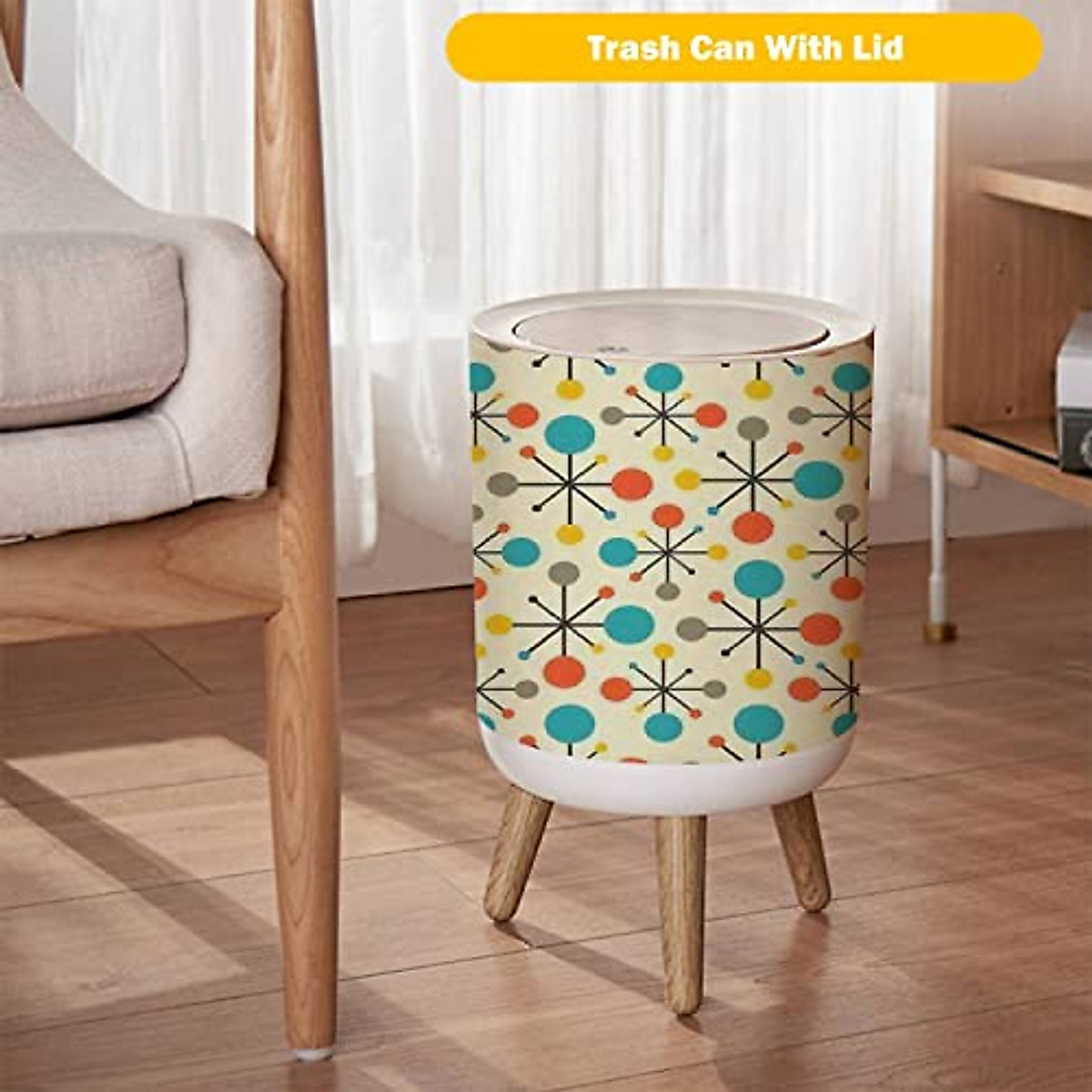 Small Trash Can with Lid Mid century fifties modern atomic retro colors seamless Part of Wood Legs Press Cover Garbage Bin Round Simple Human Waste Bin Wastebasket for Kitchen Bathroom Office