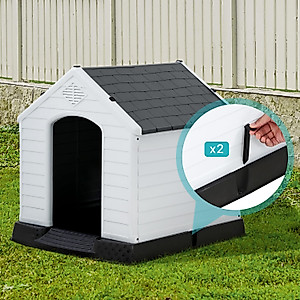 Chew Proof Dog House with Metal Iron Frame Outdoor Dog Kennel for Small Medium Large Indoor Dog Cage with Air Vents and Raised Floor (Grey, 27''L*25''W*28''H)