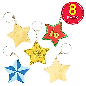 Baker Ross Wooden AV609 Star Keyrings-Pack of 8, Assemble and Attach to Key Rings and Bags, Kids Craft Kit, 6cm