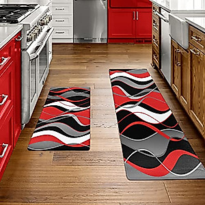 FNLNDO Red and Black Kitchen Rugs and Mats for Floor Anti Fatigue Kitchen Rugs Set of 2 Red Modern Art Non-Skid Washable Kitchen Mats for Kitchen Sink Laundry (Red, 17.5"x29.5"+17.5"x47")
