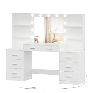 Irontar Makeup Vanity Table with Mirror & Lights, Vanity Desk with Power Strip, Large Drawer & Six Open Storage Dresser, 3 Lighting Modes Adjustable Brightness, Dressing Table, White WDT006W