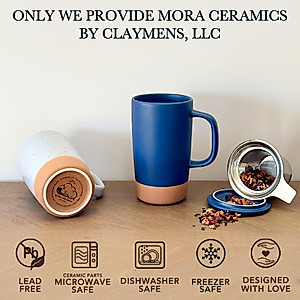 Mora Ceramics Large Tea Mug with Loose Leaf Infuser and Ceramic Lid, 18 oz, Portable, Microwave and Dishwasher Safe, Tall Coffee Cup - Rustic Matte Ceramic Glaze, Modern Herbal Tea Strainer, Deep Blue