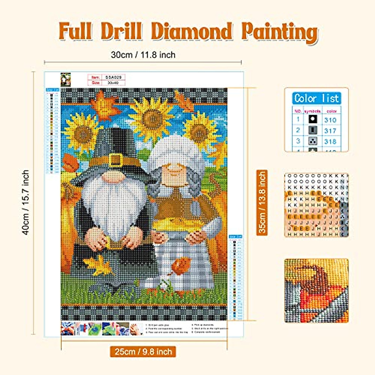 NAIMOER Gnomes Diamond Painting Kits for Adults, Fall Diamond Painting Thanksgiving 5D Sunflowers Diamond Painting Kits Full Drill Diamond Art Love Couple Pics Craft for Home Wall Art Decor 30x40cm