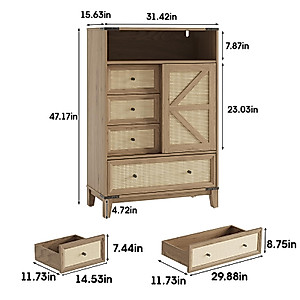 Maupvit Rattan 4 Drawers Dresser for Bedroom, Modern Chest of Drawers with Sliding Barn Door, 47" Tall Wood Drawer Organizer with Open Storage for Bedroom, Living Room, Hallway, Natural Oak