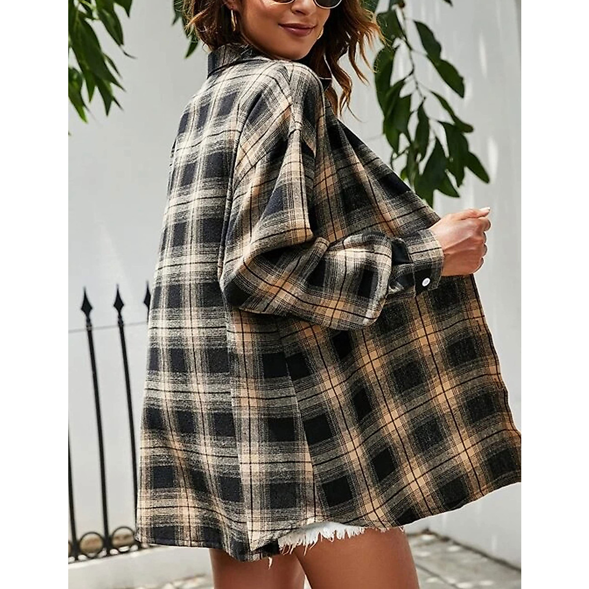 Zontroldy Womens Yellow Flannel Plaid Shirt Button Down Long Sleeve Casual Oversized Blouse Tops (0228-Khaki-M)