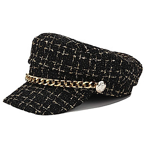 Women Plaid-Tweed Newsboy-Baker-Boy Hat Captain-Sailor Fisherman Hat Peaked-Beret with Chain Black