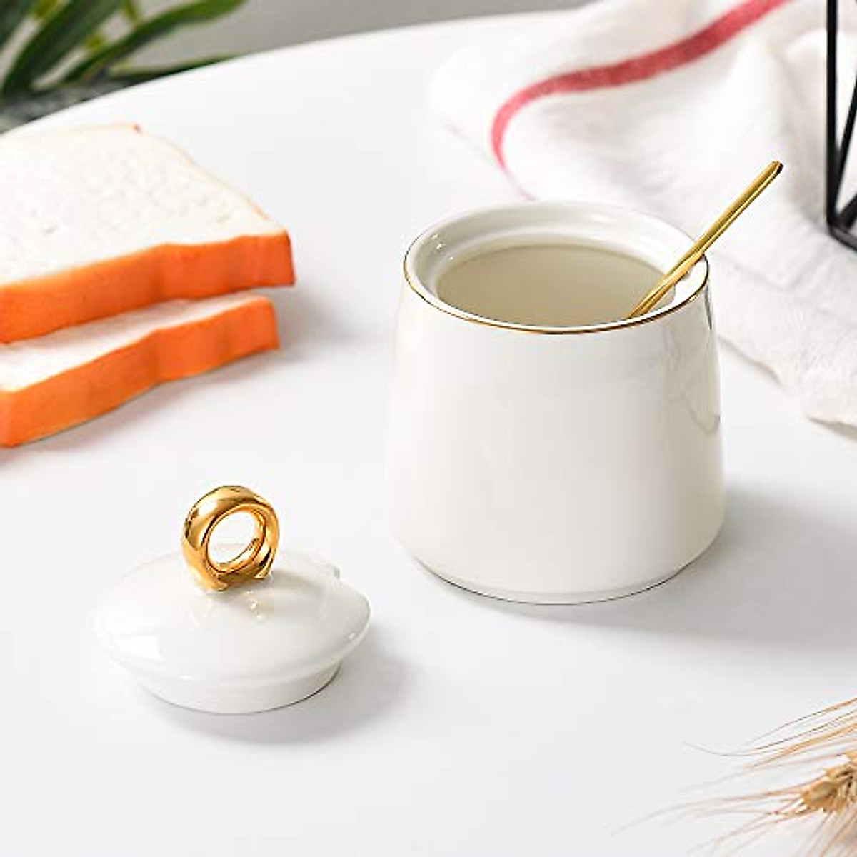 LIONWEI LIONWELI White Sugar Bowl Dispenser Salt Container Ceramic Sugar Bowl with Lid and Spoon for Home and Kitchen