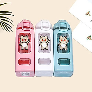 PEXIZUAN Kawaii Bear Water Bottle With Straw Sport Plastic Portable Square Drinking Bottle For Girl Cute Juice Tea Water Cups 700ml(Pink,700ml)