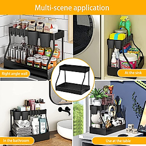 UWBGRT Under Sink Organizers and Storage 2 Pack, Bathroom Organizer 2-Tier Kitchen Cabinet Organization with Hook, Hanging Cup, Multi-purpose Under Sink Shelf Organizer for Home Storage