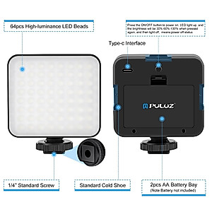 LED Video Light with 3 Cold Shoe, PULUZ on Camera Video Light LED 49 3W Dimmable Video Splicing Fill Light with 1/4" Thread for Canon for Nikon for Sony and Other DSLR Cameras
