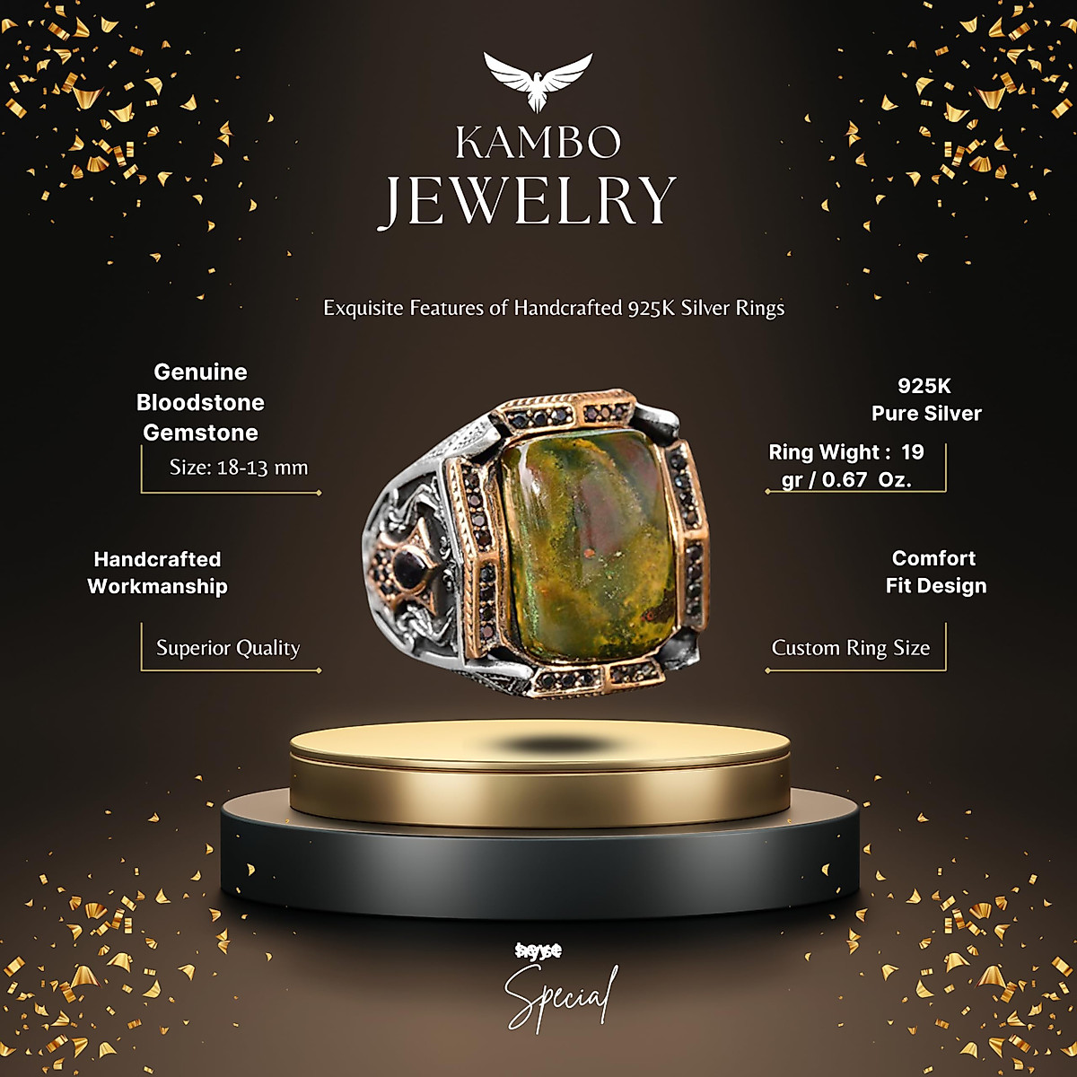 Genuine Bloodstone Gemstone Ring, 11.15 Carat, Sterling Silver Ring, Unique Custom Ring