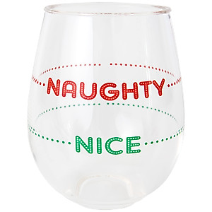 C.R. Gibson QWG2O-22630 Naughty or Nice Acrylic Stemless Wineglass for Christmas Parties and Celebrations, 12 fl. Oz.