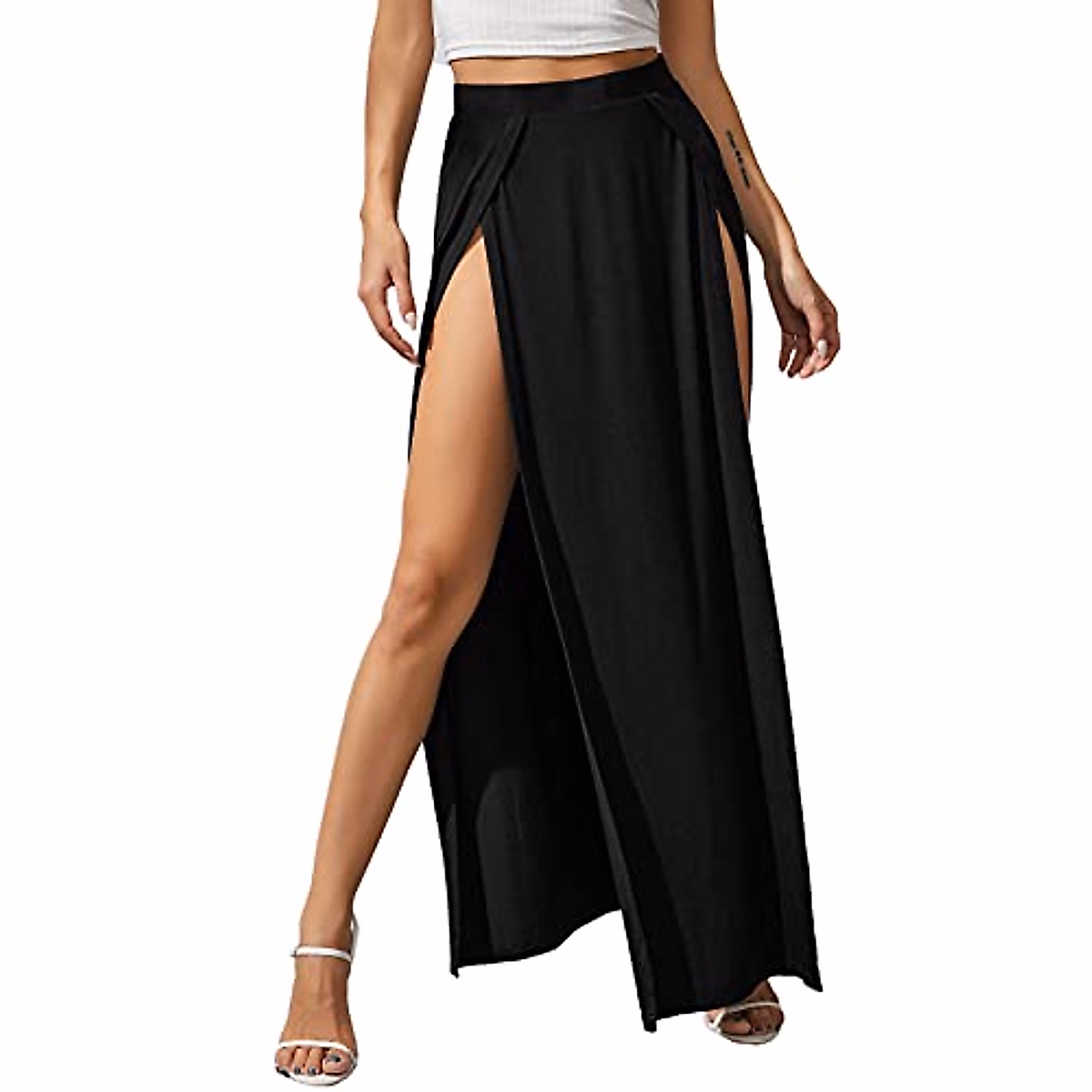 Verdusa Women's Elastic Waist High Split Wrap Flowy Long Maxi Skirt Black L