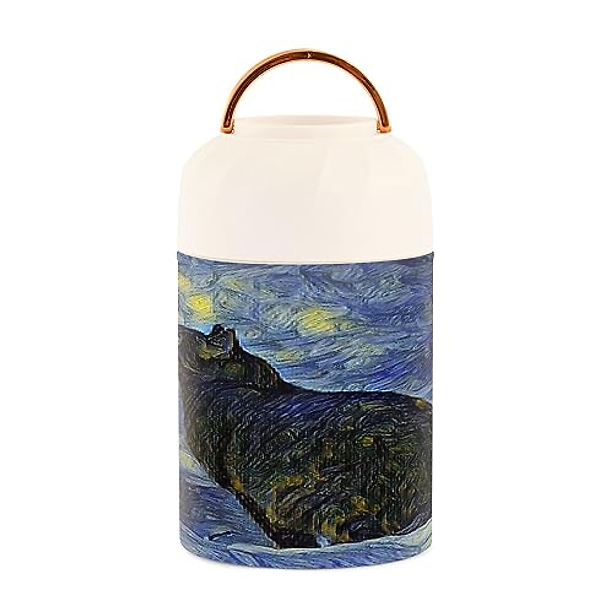 CUPADA Cat Art Funny Food Jar, Van Gogh Style Insulated Hot Food Jars Vacuum 17OZ with Folding Spoon for Work Trip Picnic Camping