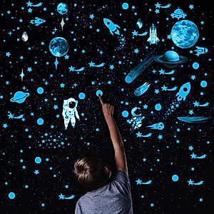 408 Pieces Glow in The Dark Space Wall Stickers Glowing Stars Wall Decals Luminous Spaceship Planet Astronaut Stickers Wall Decals for Kids Bedroom Decor