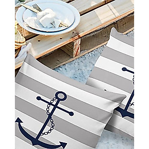 Outdoor Waterproof Throw Pillow Covers 2 Pack Square Pillowcases Grey White Stripes Anchor Pillow Protectors Decorative Cushion Cases for Patio,Garden,20x20 Inch