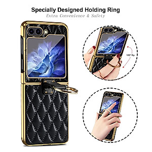 Soyeacrg Case for Samsung Galaxy Z Flip 5, Luxury Gold Plated Frame Quilted Leather Ultra Thin Folding Women Case with Ring Holder Camera Lens Protection Film for Samsung Z Flip 5 2023,Purple