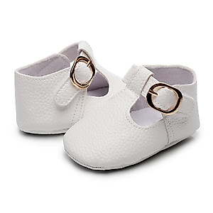 HONGTEYA Baby Girls Boys T-Strap Moccasins Baby Mary Jane Shoes Toddler Flats Infant Girl Shoes PU Soft Soled for Baby First Walk (White)