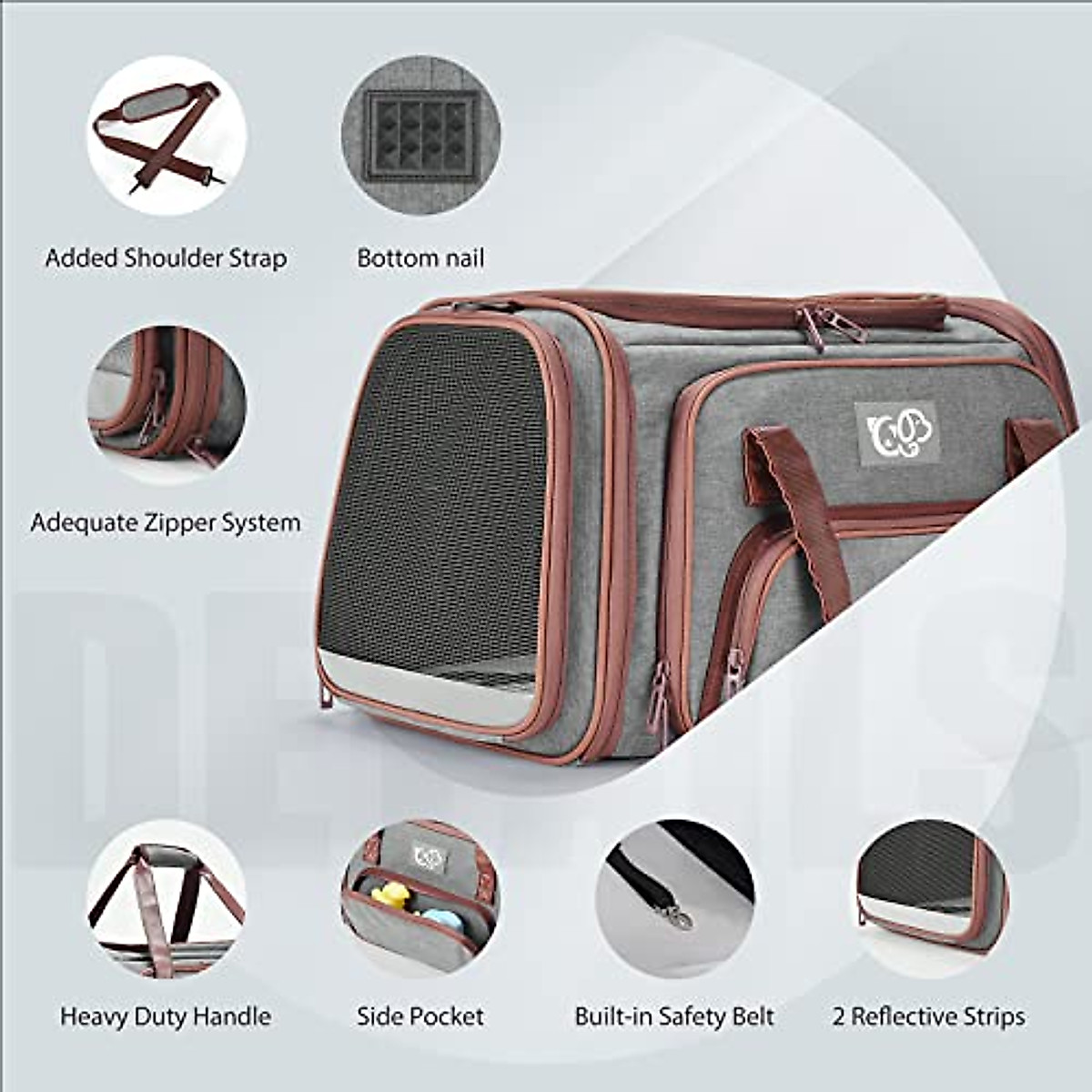 Expandable Cat Carrier, Pet Carrier Airline Approved 2 Sides Expandable Pet Carrier with Removable Fleece Pad, Large Cat Carrier TSA Approved Pet Carrier for Cats Dogs and Small Animals - Grey