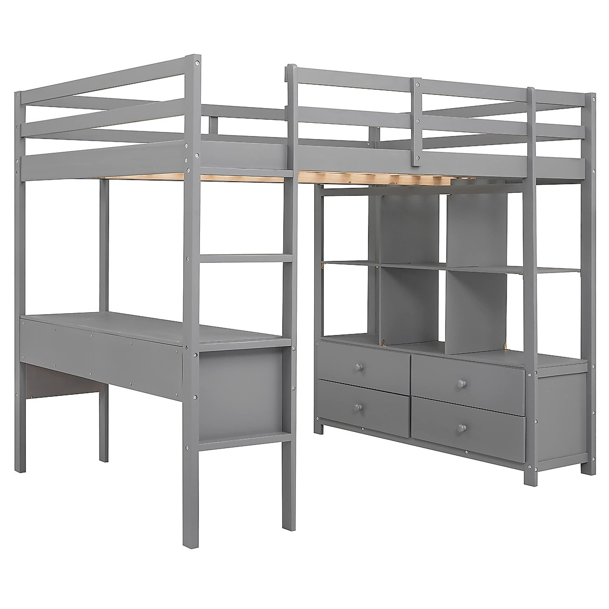 Bellemave Full Loft Bed with Desk and Storage Drawers Wood Beds Frame Bookcase Shelves for Dorm Bedroom Size Bunk Kids Adults Boys Girls Teens, Gray