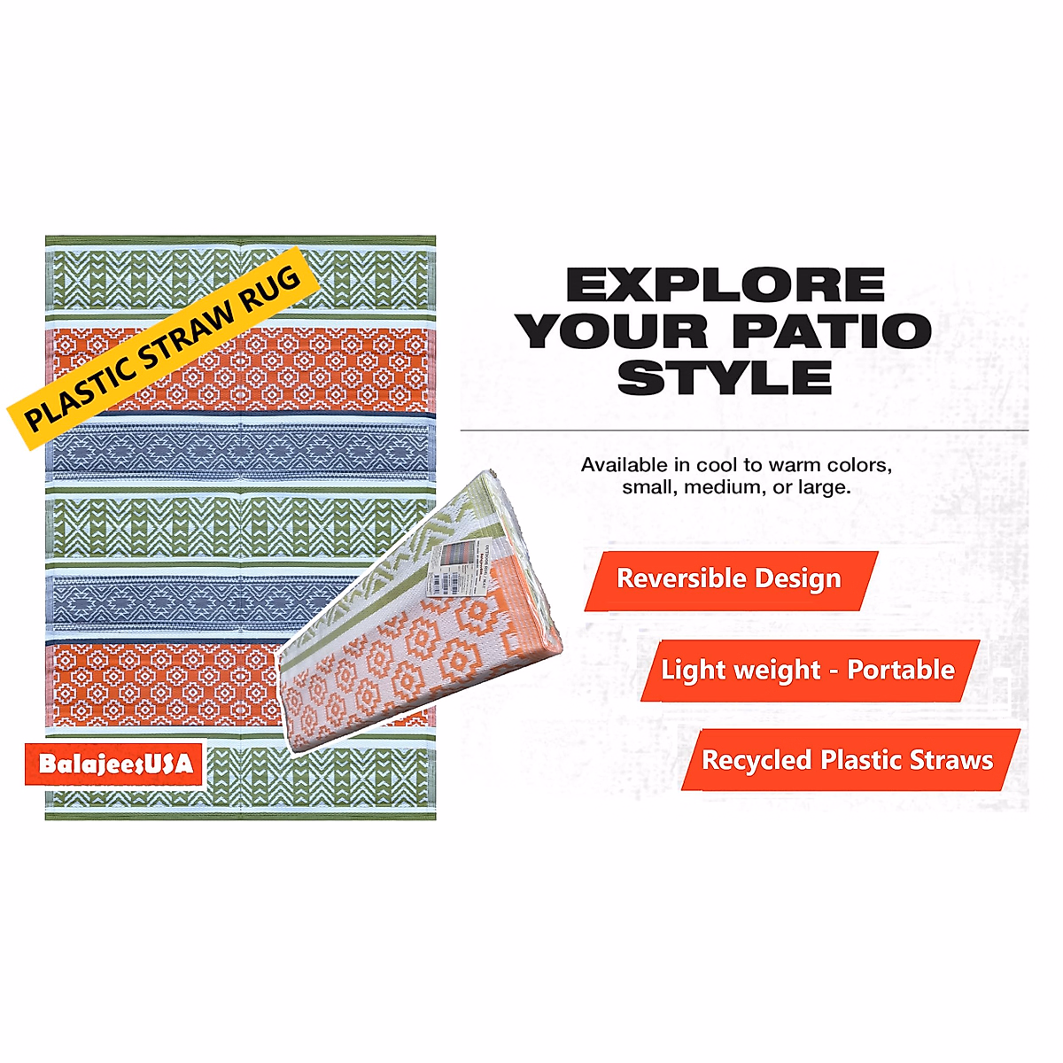 BalajeesUSA Outdoor Rugs 9x12 ft Large Plastic Patio Green, Orange Affordable Multipurpose Woven Plastic Straw All-Weather Waterproof Reversible Camper mat Backyard Picnic Sports Camps Tent Picnic