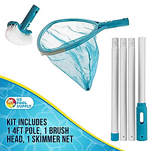 U.S. Pool Supply Professional Heavy Duty Spa, Hot Tub, Pond Cleaning & Maintenance Set - Small Skimmer Net, Deep Fine Mesh Netting, Spa Scrubbing Brush, 4 Ft Pole, Floating Chlorine Chemical Dispenser