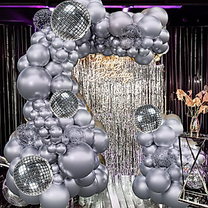 Disco Ball decorations 124Pcs Silver balloon Garland Metallic Silver Confetti balloon arch kit Chrome silver balloon for Disco party 50th 60th Birthday Graduation Galaxy Alien Party