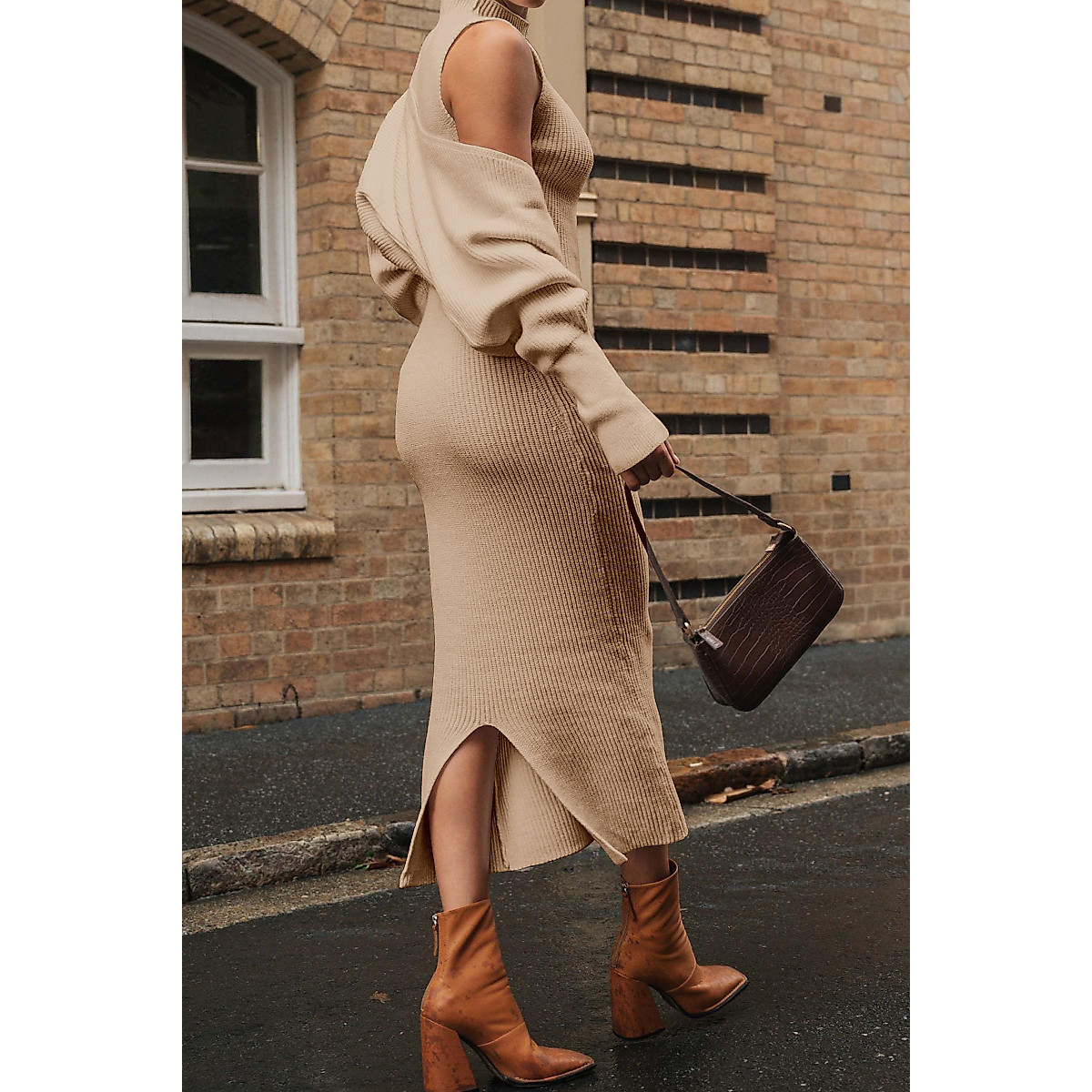 PRETTYGARDEN Womens Fall 2 Piece Outfits Bodycon Maxi Tank Pullover Sweater Dress and Long Sleeve Cropped Cardigan Knit Sets (Beige,Medium)