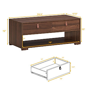 Tangkula Coffee Table with Drawers, Industrial Accent Cocktail Table with 2 Drawers & Open Storage Shelf, Wooden Rectangular Sofa Table for Living Room Home Office (Walnut)
