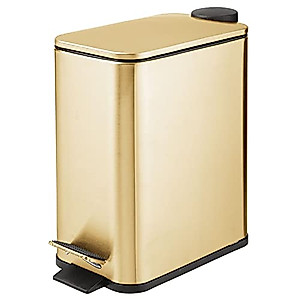 mDesign Slim Metal Rectangle 1.3 Gallon Trash Can with Step Pedal, Easy-Close Lid, Removable Liner - Narrow Wastebasket Garbage Container Bin for Bathroom, Bedroom, Kitchen, Office - Soft Brass
