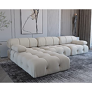 MGH Convertible Modular Minimalist Sofa with Ottomans, L-Shaped Velvet Sectional Couches, 4-Seat Sofa with Reversible Chaise for Living Room (Beige)