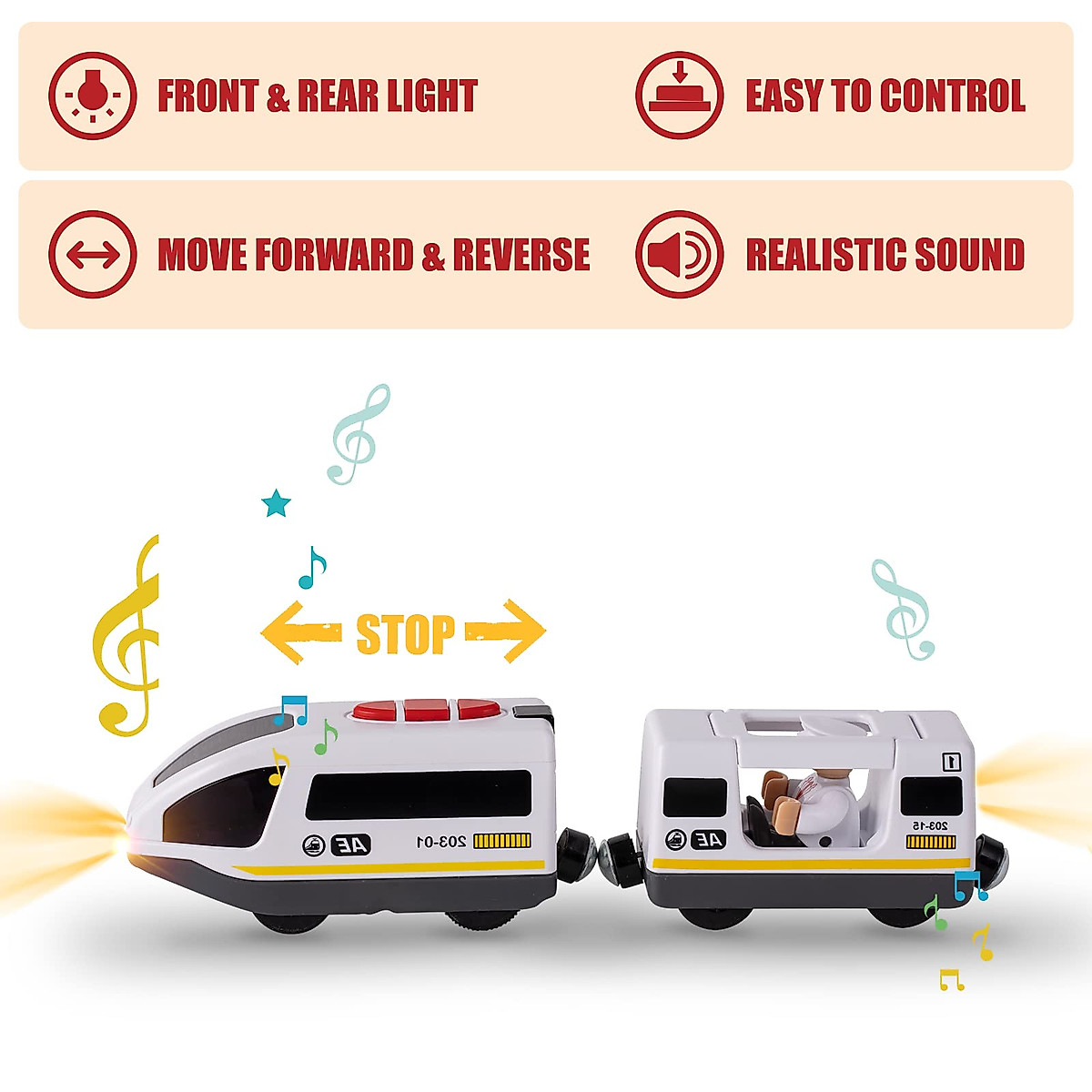 BRINJOY Battery Operated Train Set for Wooden Train Tracks, Powerful Engine Action Locomotive Train (Magnetic Connection) w/Sound for Boys & Girls, Bullet Toy Train Set for Toddlers Ages 3+, White