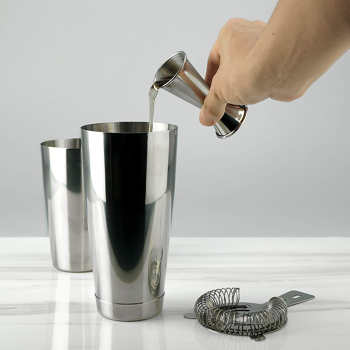 PG Boston Cocktail Kit - 4PC Premium Stainless Steel Shaker Set - 30oz Gloss Finish ​2-Piece Shaker with Cocktail Strainer and Double Jigger