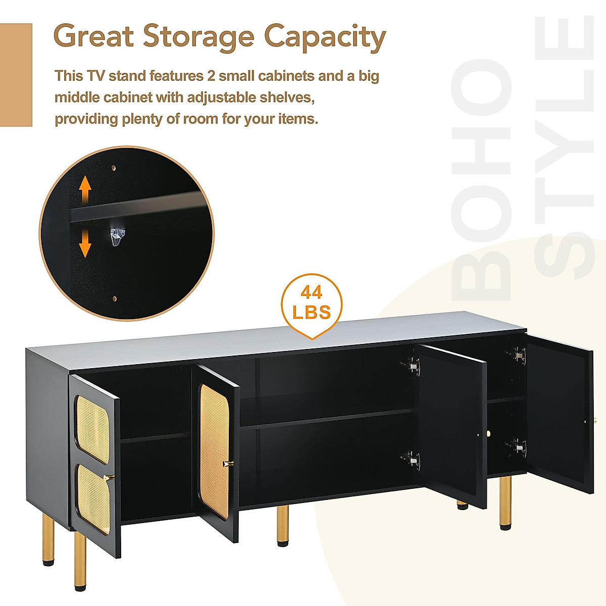 Bellemave Boho style TV Stand with Rattan Door, Woven Media Console Table for TVs Up to 70”, Country Style Design Side Board with Gold Metal Base for Living Room（Black）