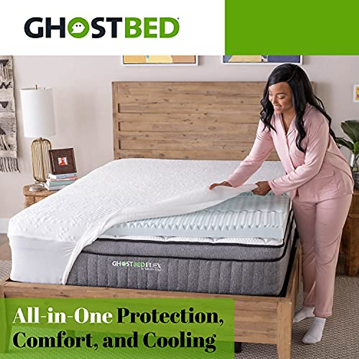 GhostBed 3 Inch Cooling Gel Memory Foam Mattress Topper - Waterproof Cover, Protector & Topper in One, Queen