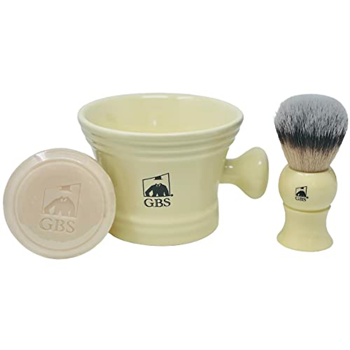 G.B.S Heavy Duty Ceramic Ivory Shaving Set - Mug with Knob Handle, Faux Ivory Handle Shaving Brush and Natural Shave Soap
