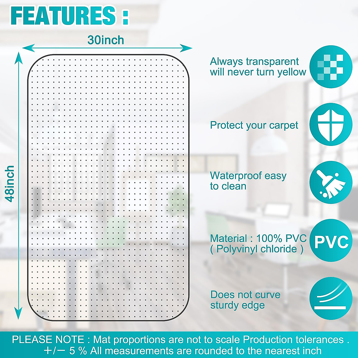 Office Chair Mat for Carpeted Floors, 30'' x 48'' Clear Computer Desk Chair Mat for Low and No Pile Carpeted Floors, Thick and Sturdy Carpet Protector, Easy Glide and Flat Without Curling